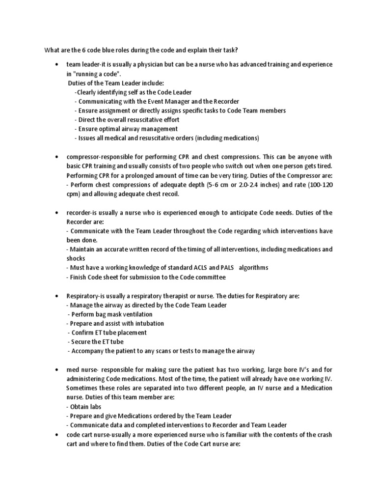 What Are The 6 Code Blue Roles During The Code and Explain Their Task ...