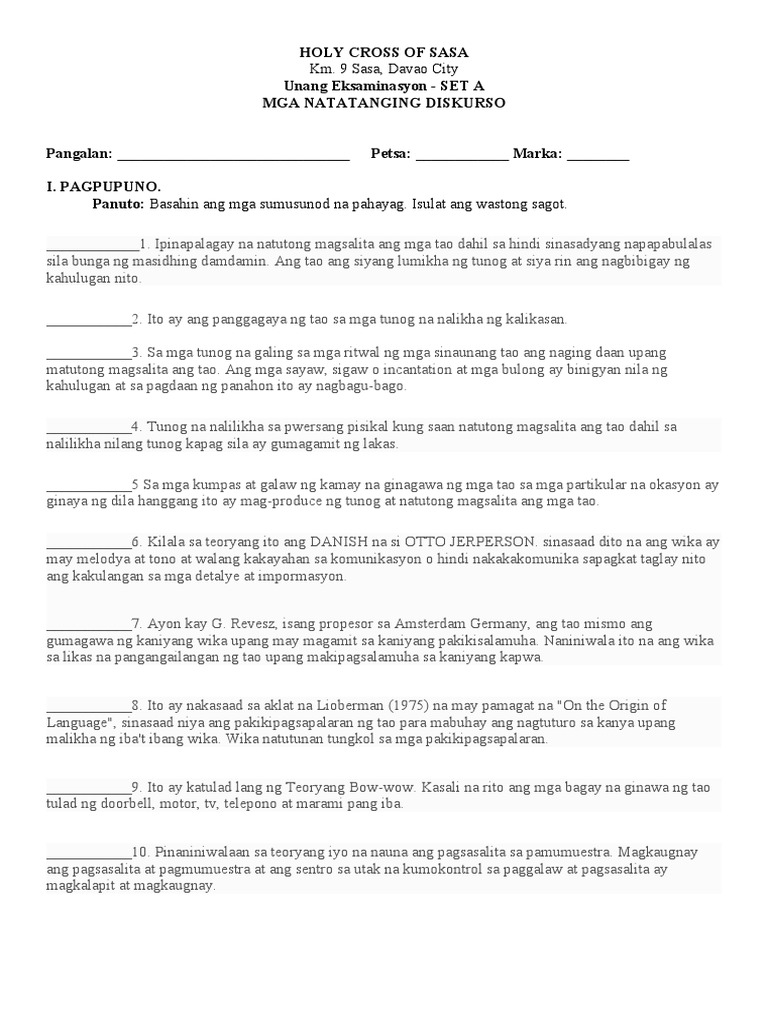 UNANG-MARKAHAN-SET-A Natatanging Diskurso | PDF
