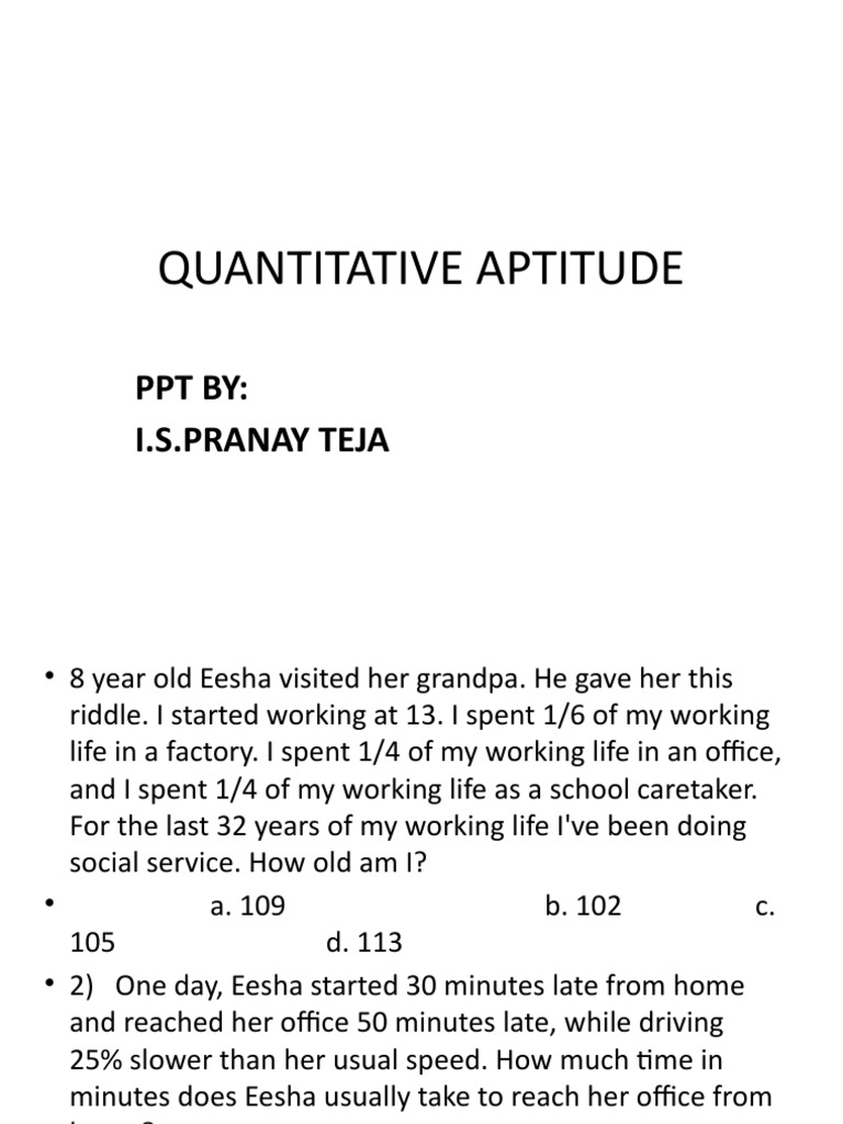 Quantitative Aptitude: PPT By: I.S.Pranay Teja | PDF | Mathematics