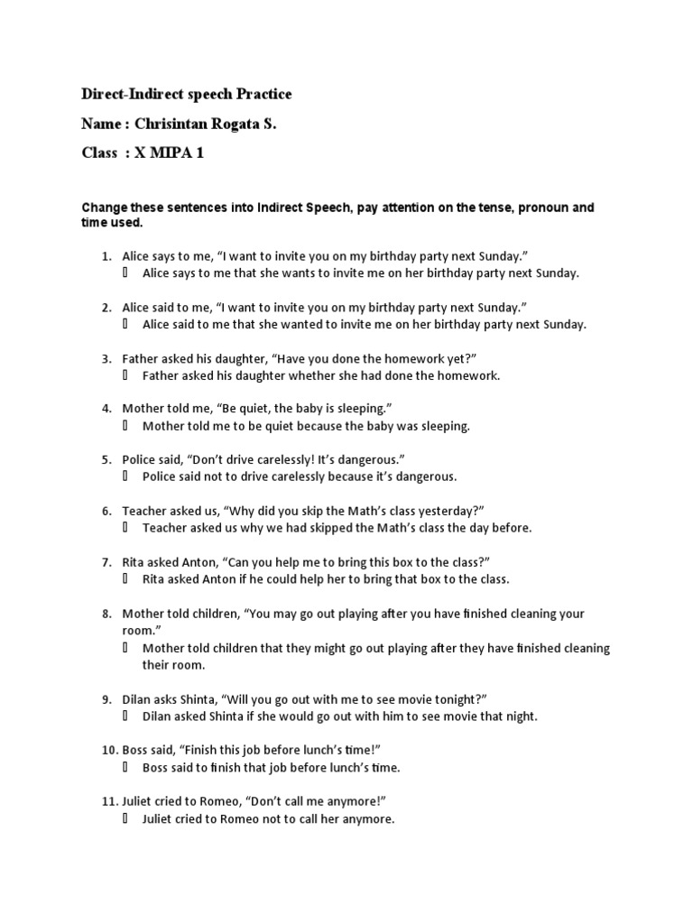 Direct and Indirect Speech (Exercise) | PDF