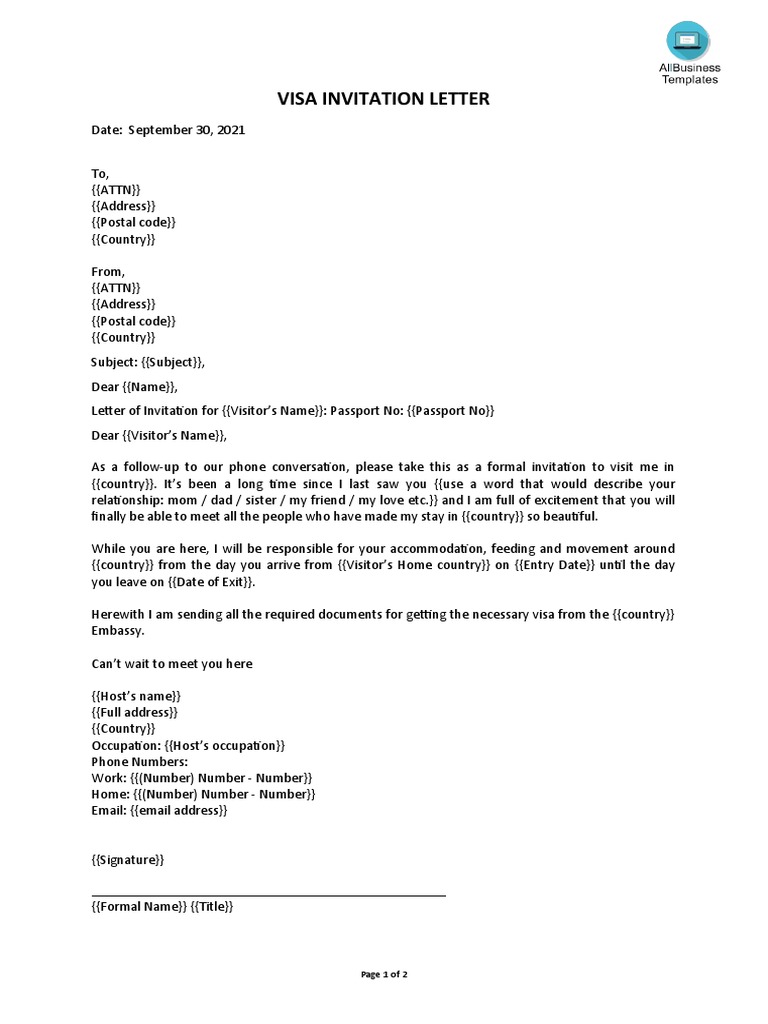 Visa Invitation Letter: Page 1 of 2 | PDF