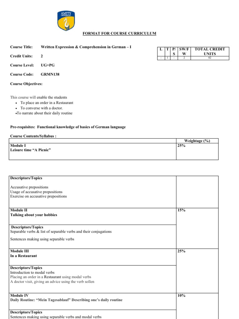 New German Syllabus Overview | PDF | Verb | Language Mechanics