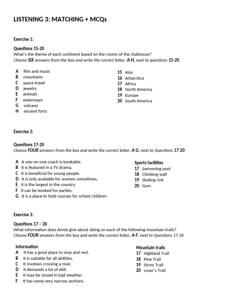 Listening 3: Matching + Mcqs | PDF | Cognition