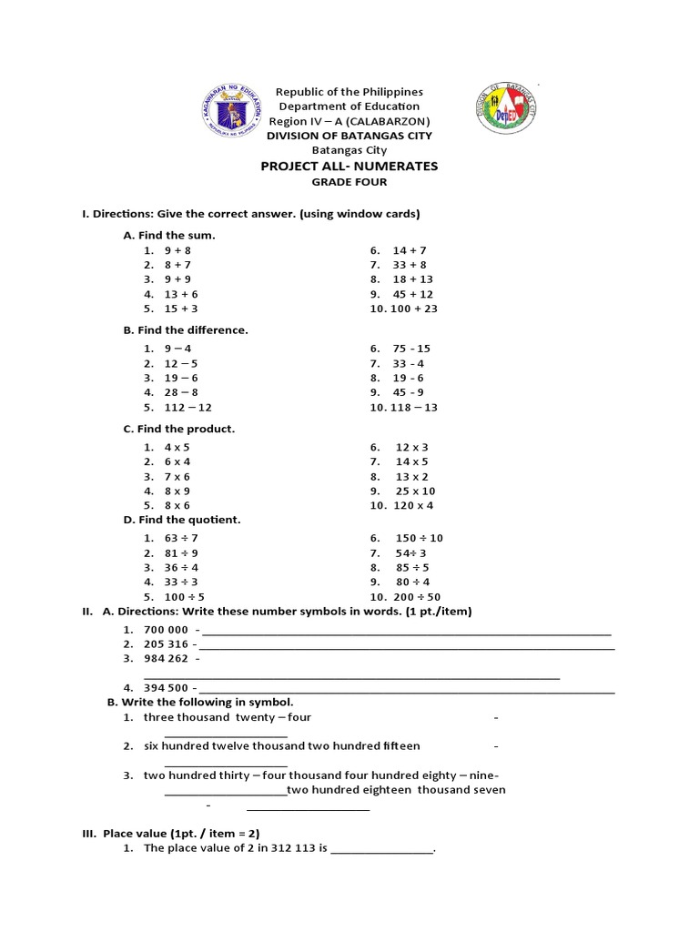 Grade 4 Numeracy Project Assessment | PDF | Mathematics