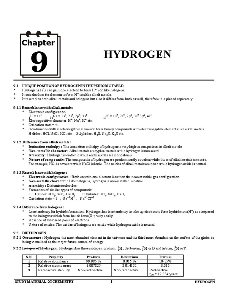 Chem Class 11 Notes For Hydrogen | PDF | Hydride | Hydrogen