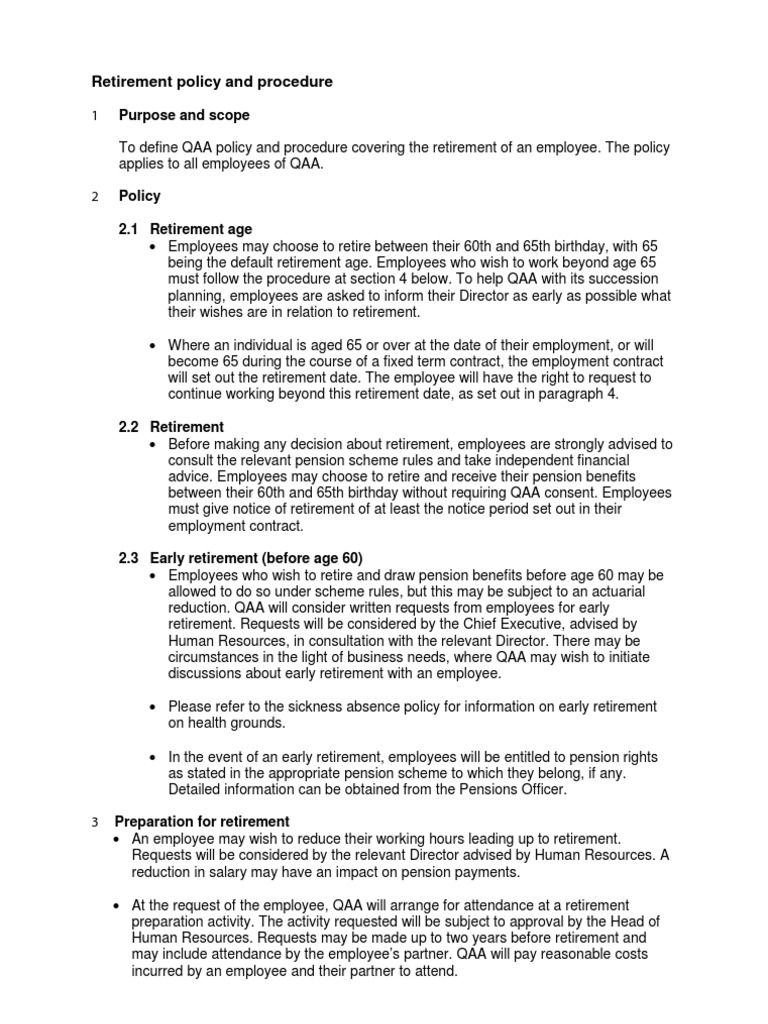 Retirement Policy | PDF | Retirement | Pension