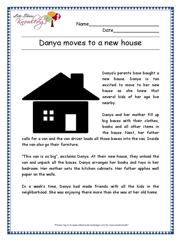 Danya New House Grade 2 Comprehension Worksheet | PDF