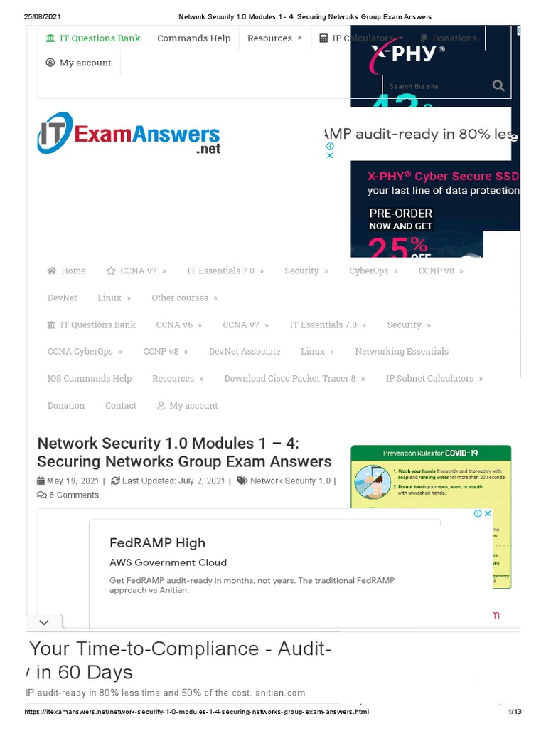 Network Security 1.0 Modules 1 - 4 - Securing Networks Group Exam Answers | PDF | Computer ...