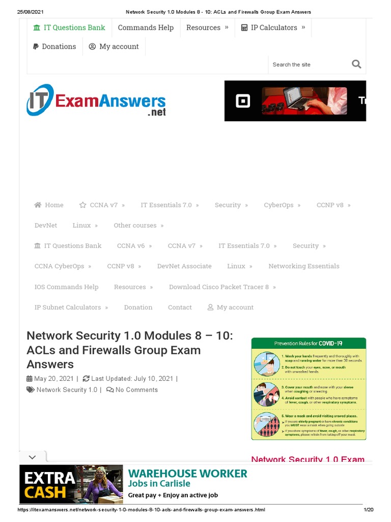 Network Security 1.0 Modules 8 - 10 - ACLs and Firewalls Group Exam Answers | PDF | Ip Address ...