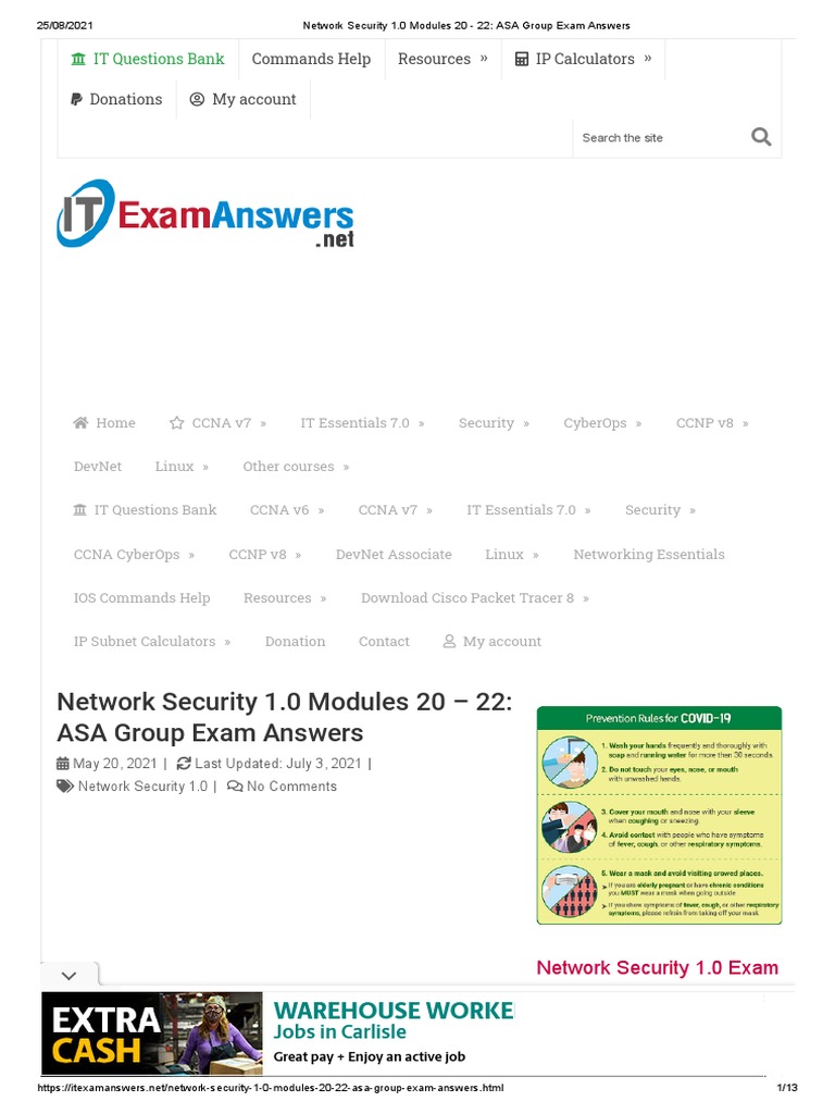 Network Security 1.0 Modules 20 - 22 - ASA Group Exam Answers | PDF ...