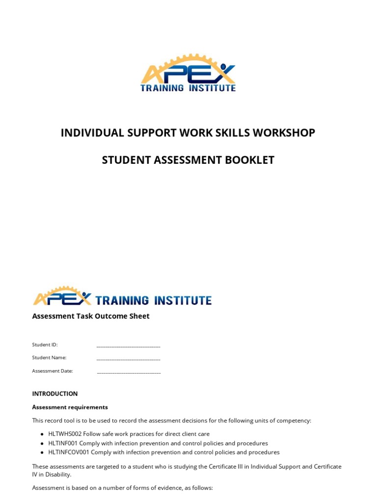 Individual Support Work Skills Workshop Student Assessments Booklet ...