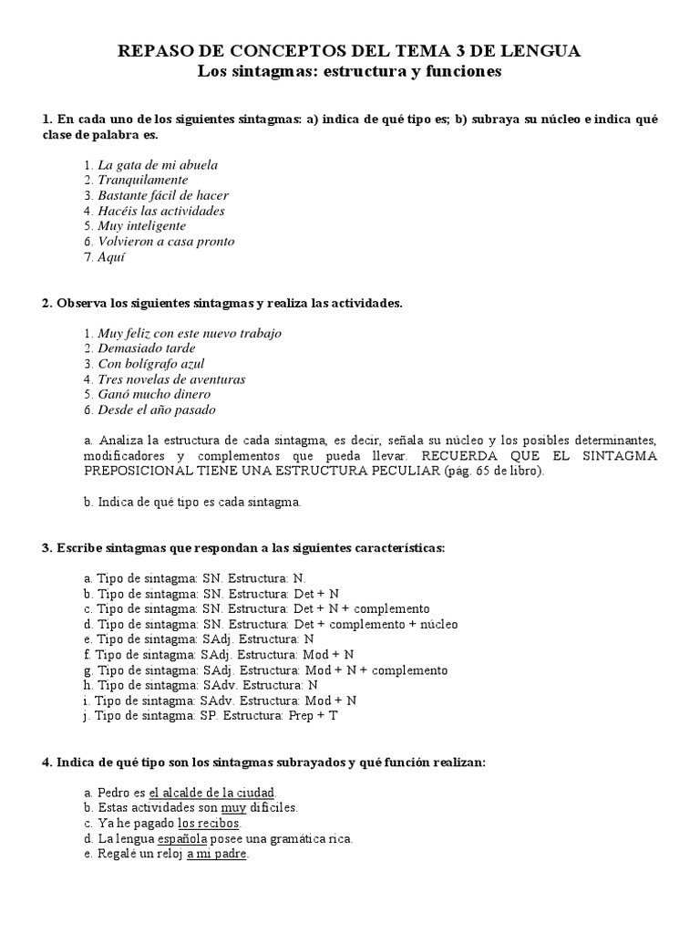 Repaso de Conceptos Tema 3 (Los Sintagmas y Sus Funciones) | PDF