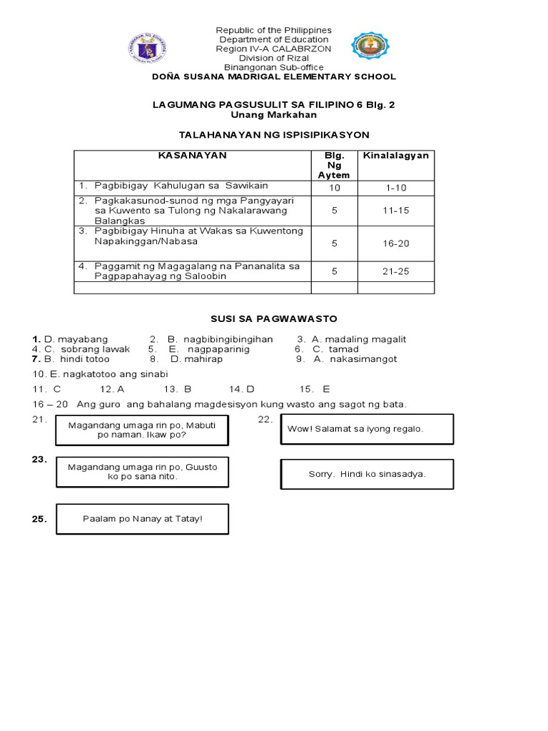 Lagumang Pagsusulit Sa Filipino 6 Blg. 2 | PDF
