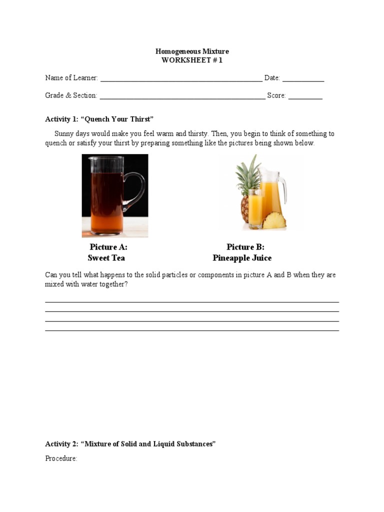 Activity Sheets For Homogeneous and Heterogenous Mixture | PDF ...