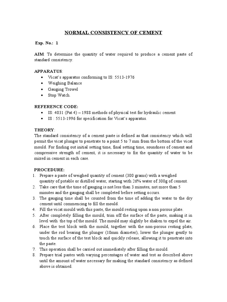 Normal Consistency of Cement | PDF | Cement | Water