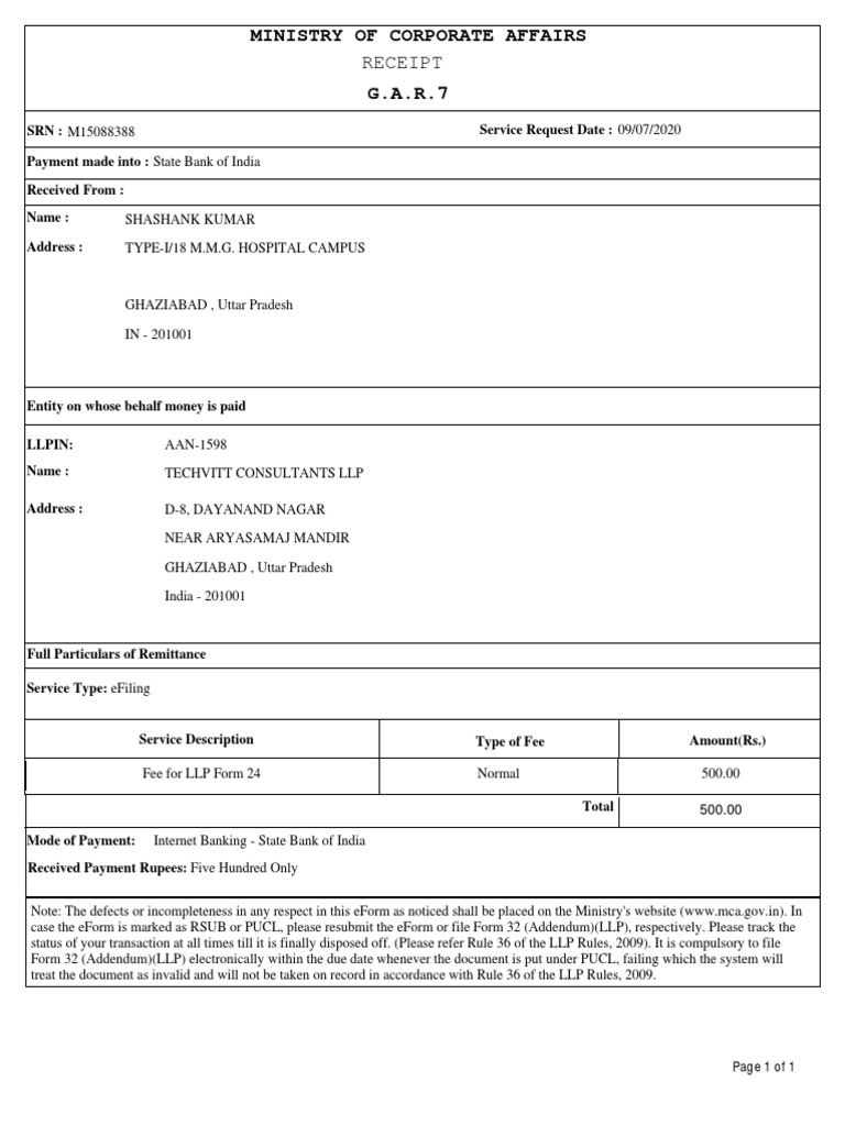 LLP eFiling Payment Receipt | PDF