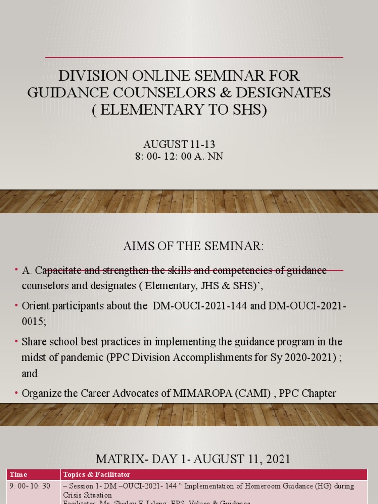 Guidance Counselors Seminar Overview | PDF | School Counselor | Learning