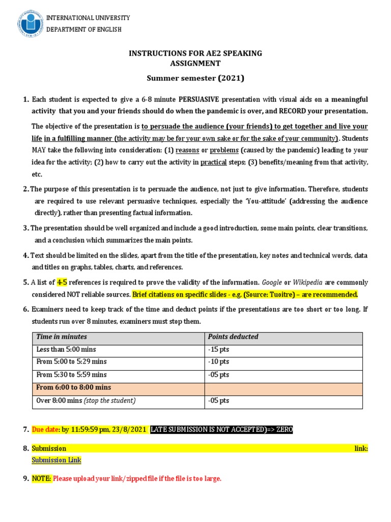 Speaking AE2 Assignment - Summer Semester - 2021 | PDF | Information | Communication