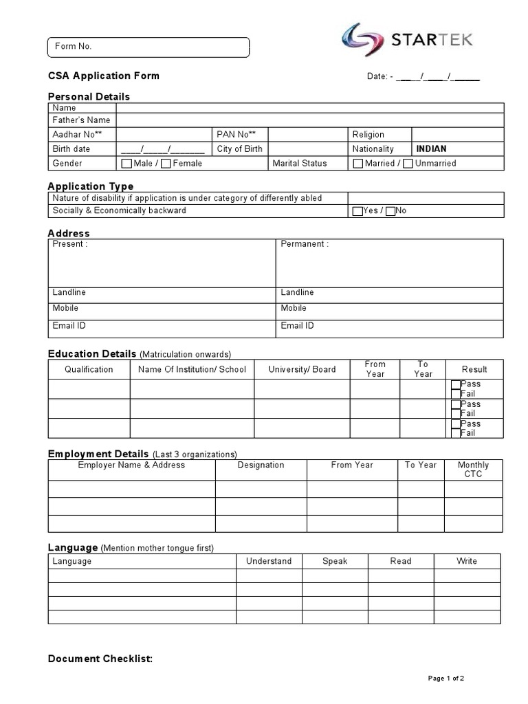 CSA Application Form Personal Details: Indian | PDF | Recruitment ...