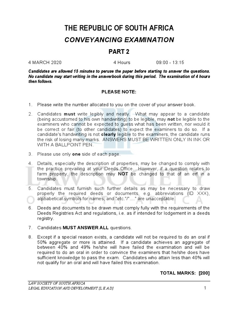 South Africa Conveyancing Exam 2020 | PDF | Mortgage Law | Deed