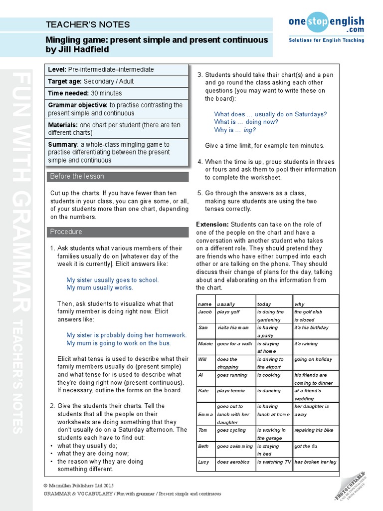 Mingling Game: Present Simple and Present Continuous by Jill Hadfield | PDF