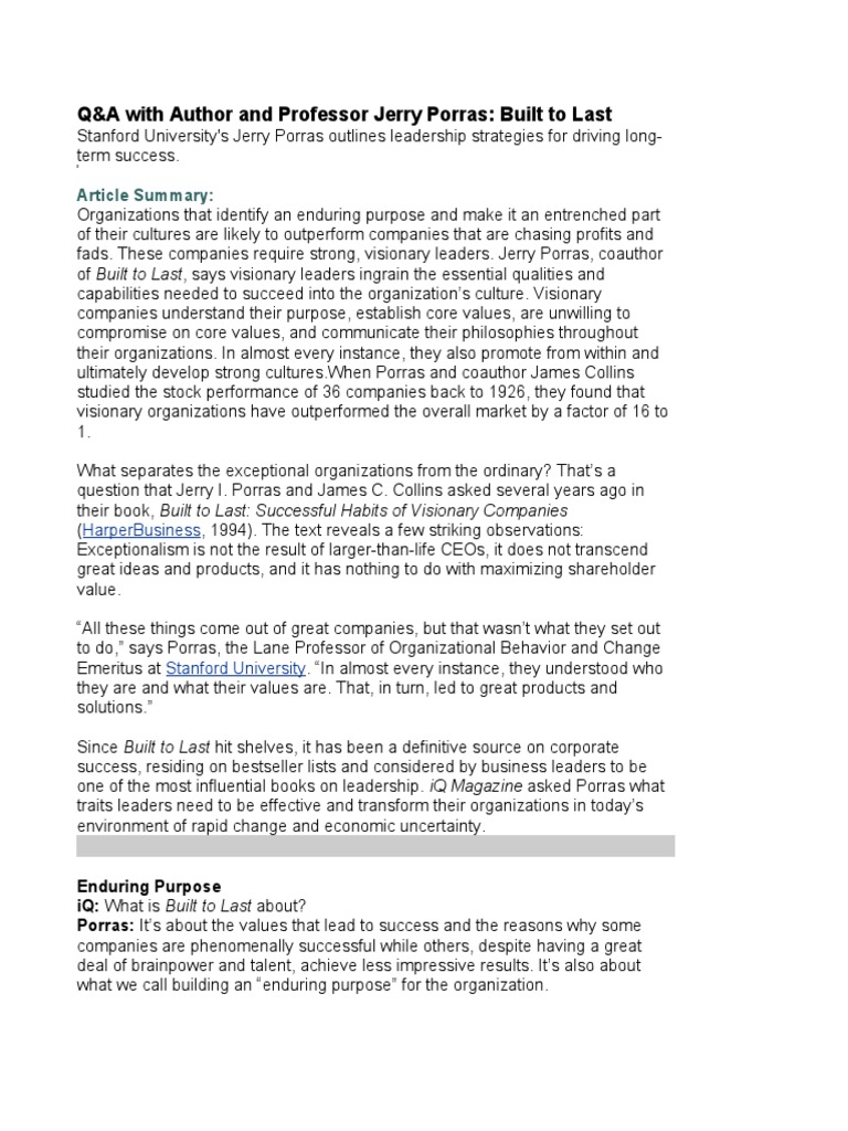 Q&A With Author and Professor Jerry Porras: Built To Last: Article ...