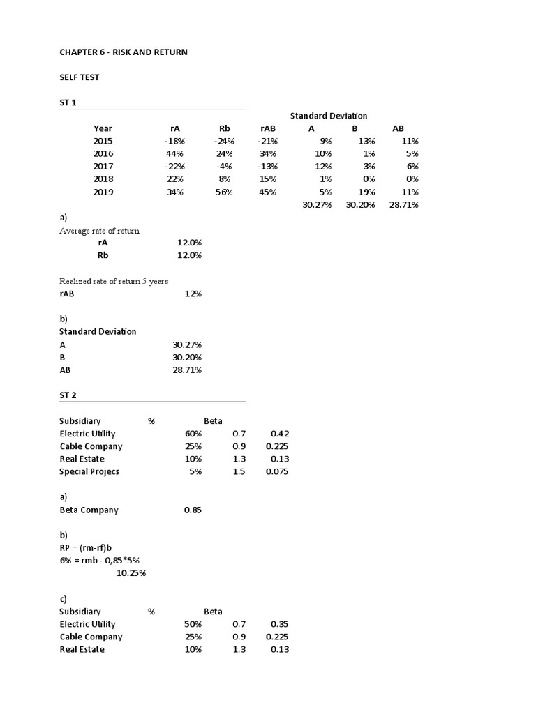 Chapter 6 - Risk and Return Self Test ST1 Year Ra RB rAB A B AB | PDF ...