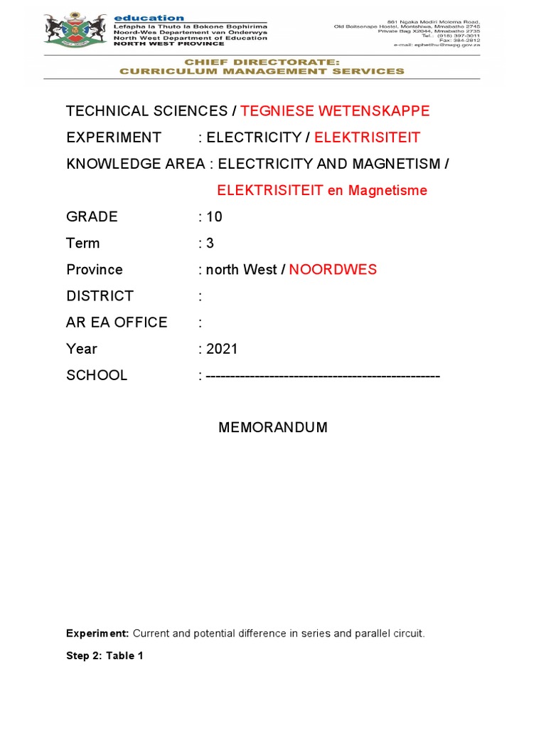 Gr 10 - Term 3 Experiment Memo | Pdf | Physical Quantities 