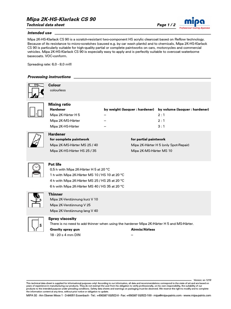 Mipa 2K-HS-Klarlack CS 90: Technical Data Sheet Page 1 / 2 Intended Use | PDF | Materials ...
