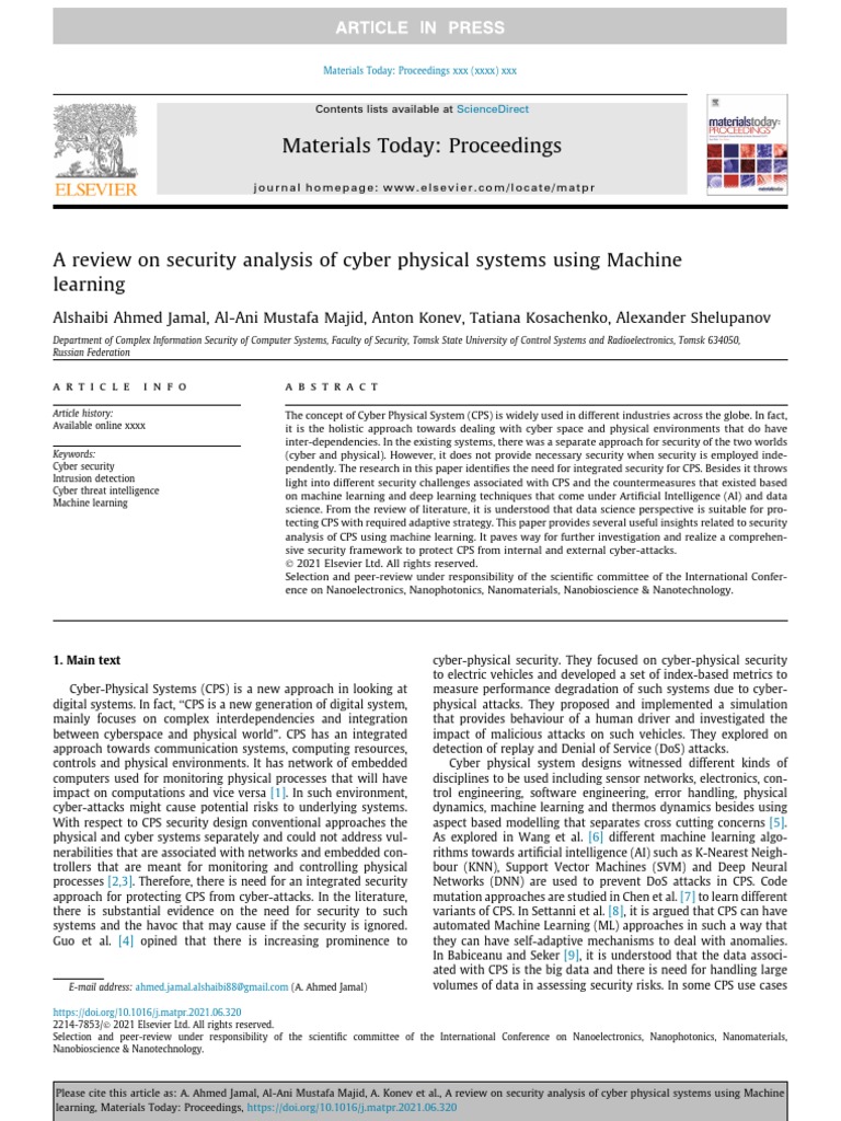 Security Analysis of Cyber Physical Systems Using Machine - Learning ...