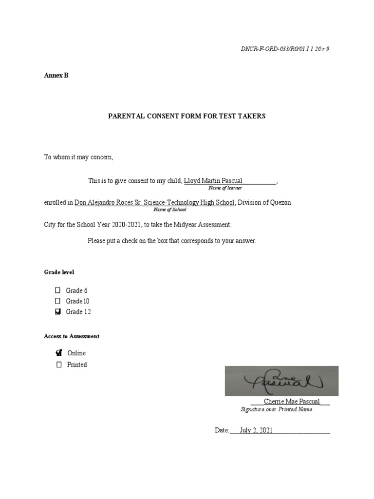 Parental Consent Form For Test Takerstemplate | PDF