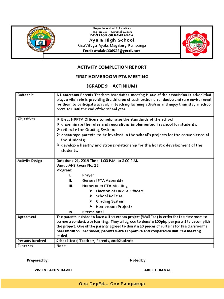 Activity Completion Report First Homeroom Pta Meeting (Grade 9 - Actinium) | Download Free PDF ...