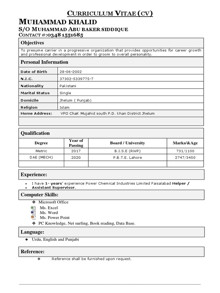 Uhammad Khalid: Urriculum Itae CV S/O M A | PDF