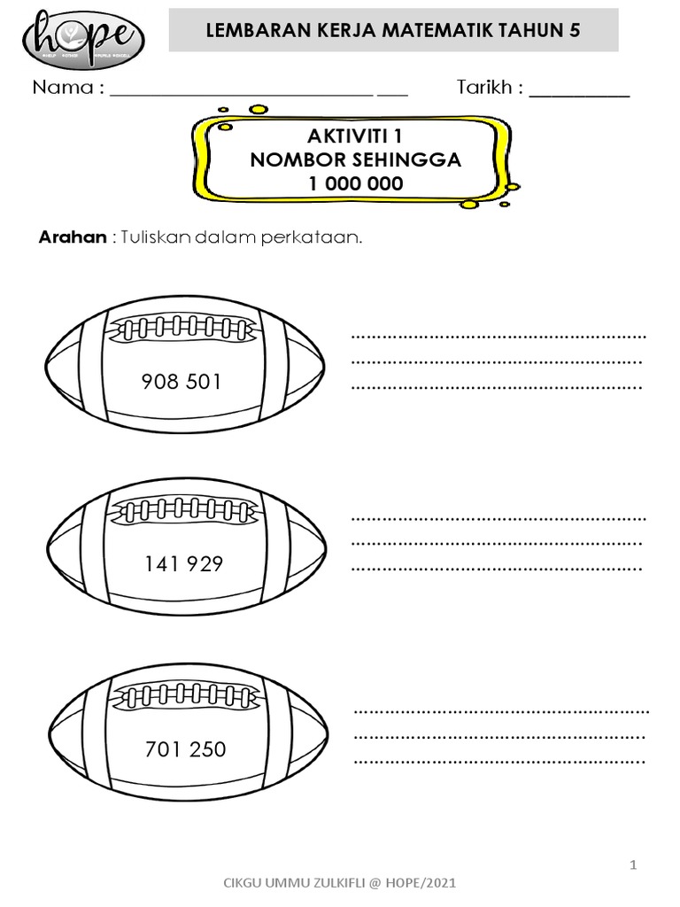 Worksheet Math Tahun 5 - Topik 1 | PDF