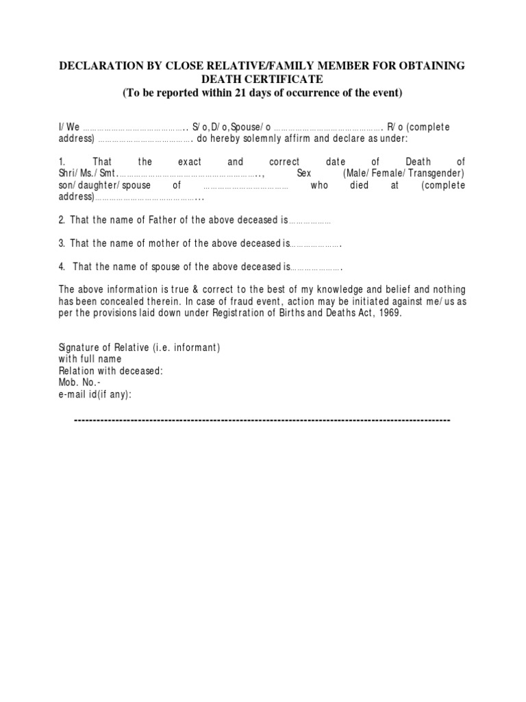 Declaration by Close Relative Family Member For Death Certificate | PDF