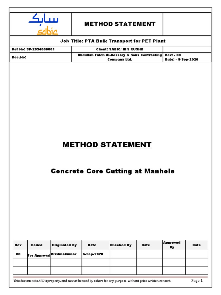 Method of Statement Concrete Coring | PDF | Concrete