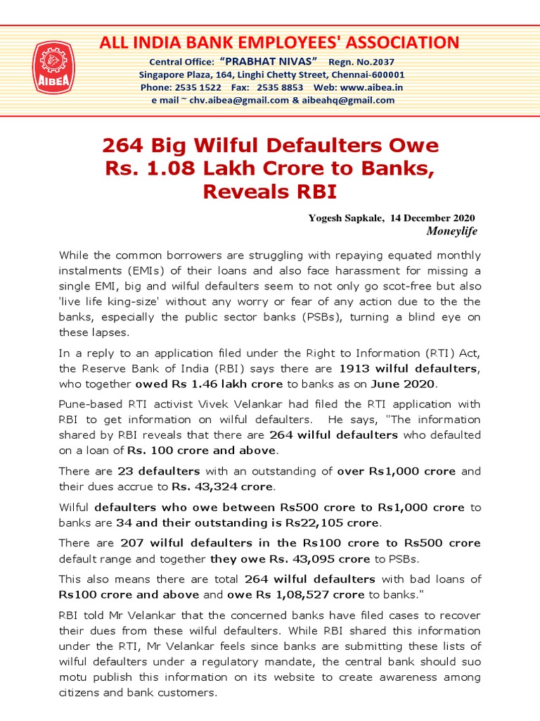 Bank Loan Defaulters - See The Latest List | PDF | Loans | Reserve Bank ...