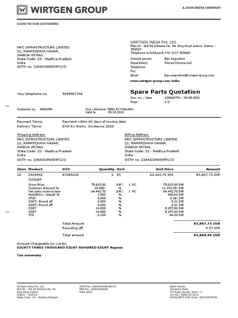 Spare Parts Quotation: Wirtgen India Pvt. LTD | PDF | Taxes | Economies