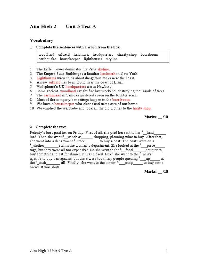 Aim High 2 Unit 5 Test A | PDF