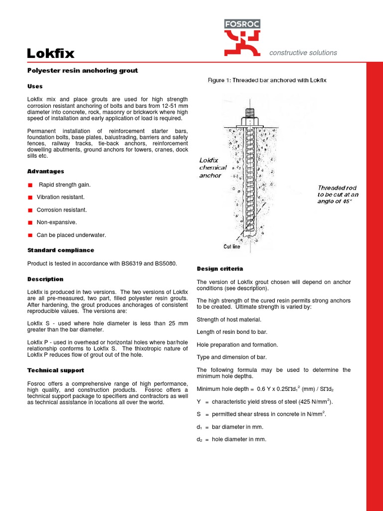 Lokfix: Polyester Resin Anchoring Grout | PDF | Concrete | Applied And ...