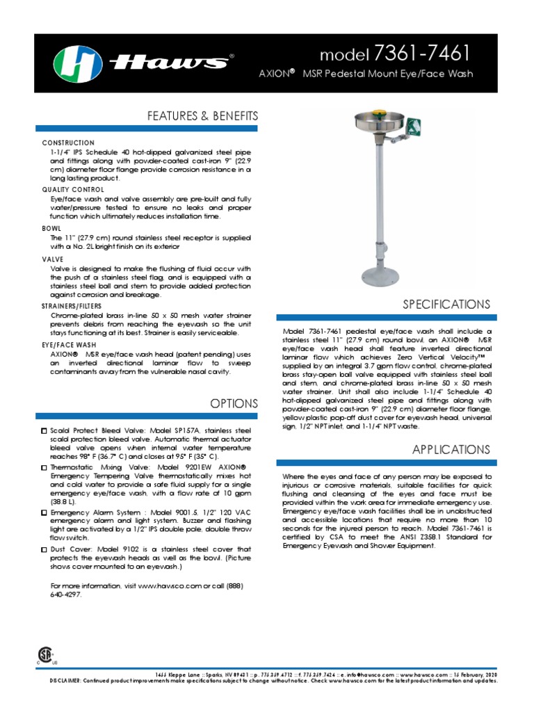Eye Wash - Haws - Part - 7361 - 7461 - Specsheet - PDF | PDF | Valve ...