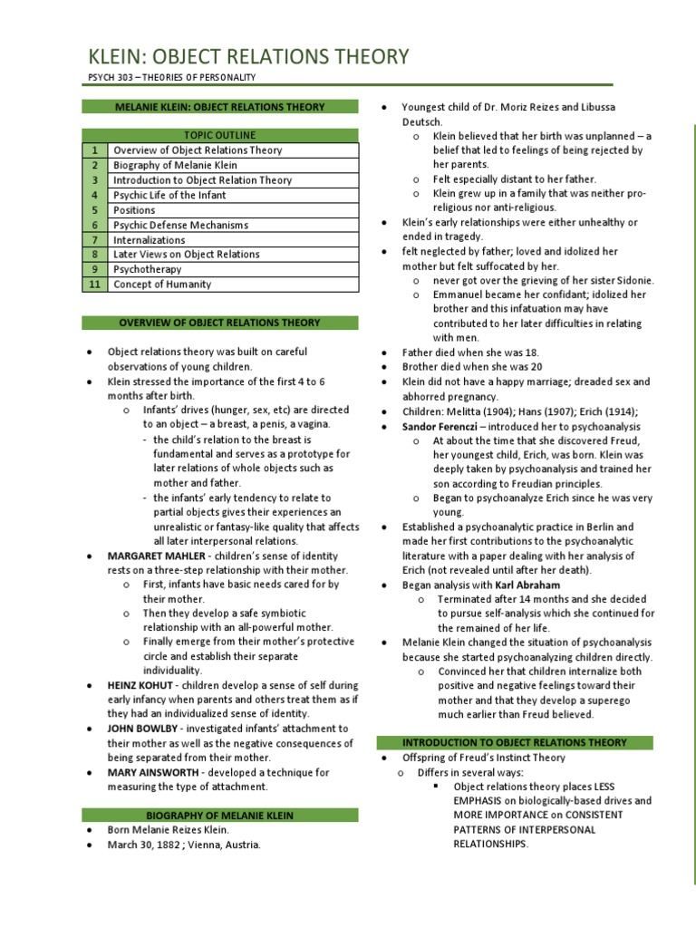 Melanie Klein: Object Relations Theory | PDF | Id | Object Relations Theory