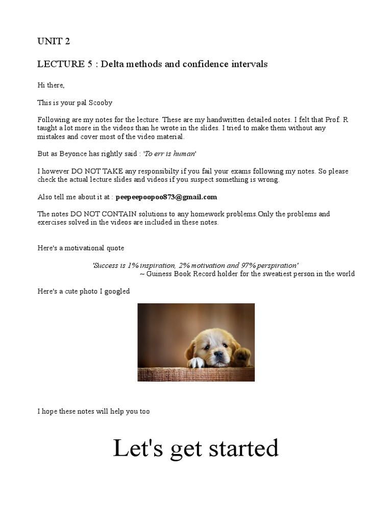 Let's Get Started: Unit 2 LECTURE 5: Delta Methods and Confidence ...