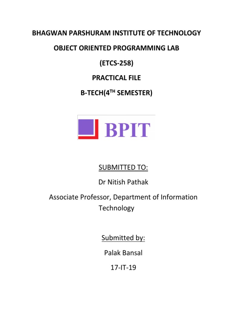 Bhagwan Parshuram Institute of Technology Object Oriented Programming ...