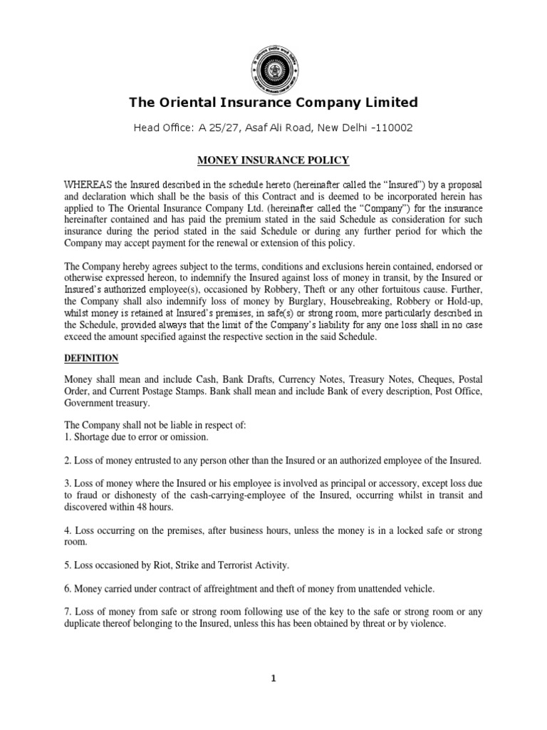 Money Insurance Policy | PDF | Insurance | Arbitration