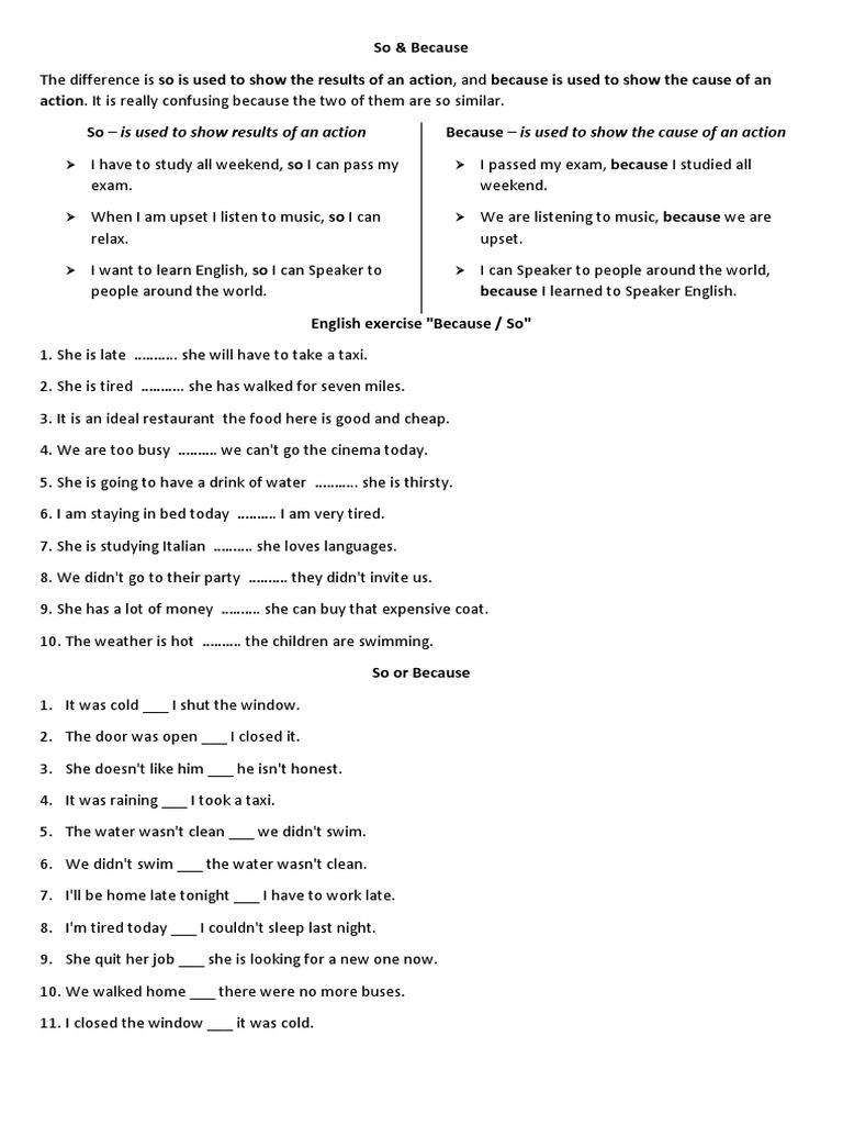 "So vs Because: Usage Guide & Exercises" | PDF | Language Arts & Discipline