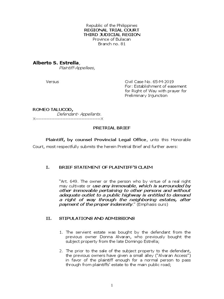 Pretrial Brief Alberto Talucod | PDF | Lawsuit | Common Law