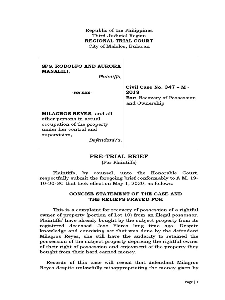 Pretrial Brief | PDF | Lawsuit | Testimony