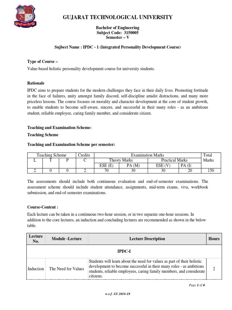 Gujarat Technological University: 1 of 4 W.E.F. AY 2018-19 | PDF