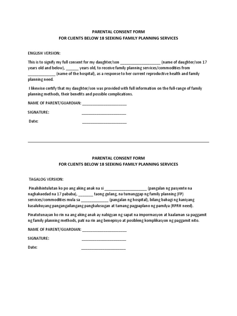 Parental Consent Form For Clients Below 18 Seeking Family Planning ...